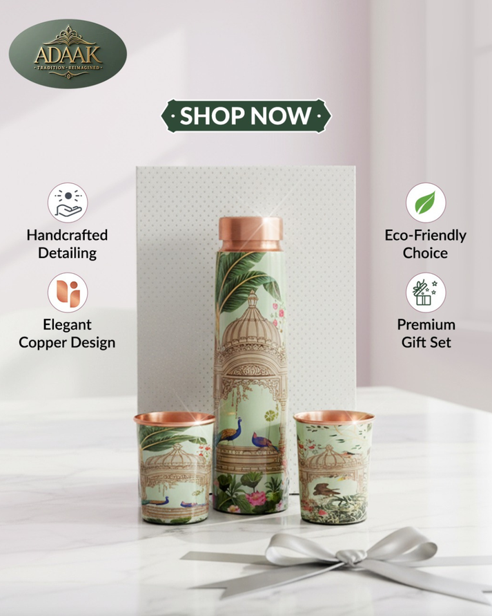 Royal Garden Copper Bottle & Glass Gift Set – Pure Copper Drinkware – ADAAK